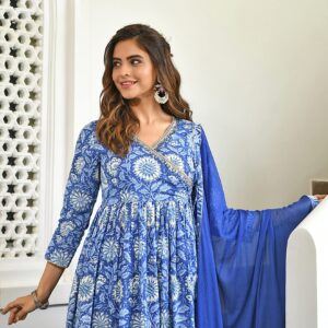 Janasya Indian Women's Blue Floral Block Printed Angrakha Kurta with Flared Palazzo and Dupatta