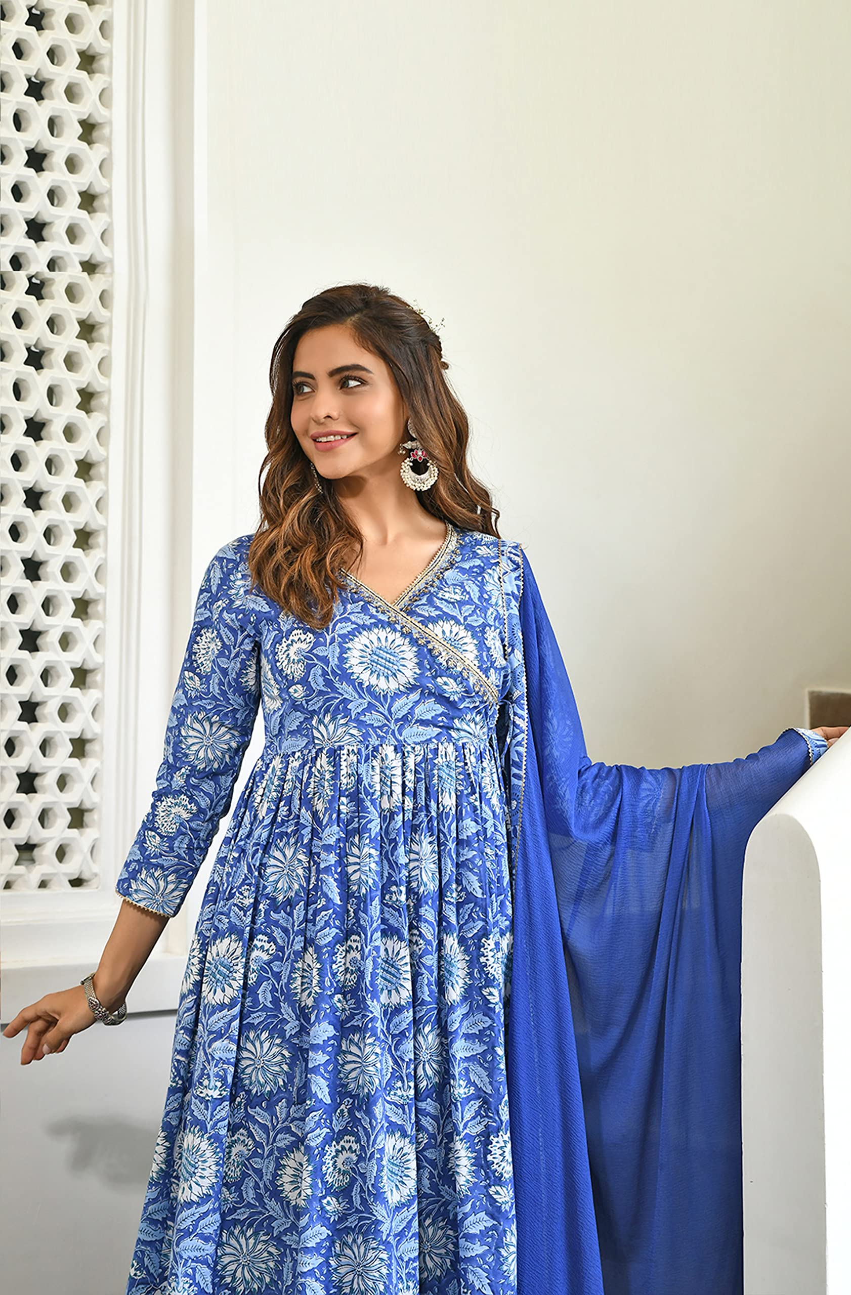 Janasya Indian Women's Blue Floral Block Printed Angrakha Kurta with Flared Palazzo and Dupatta