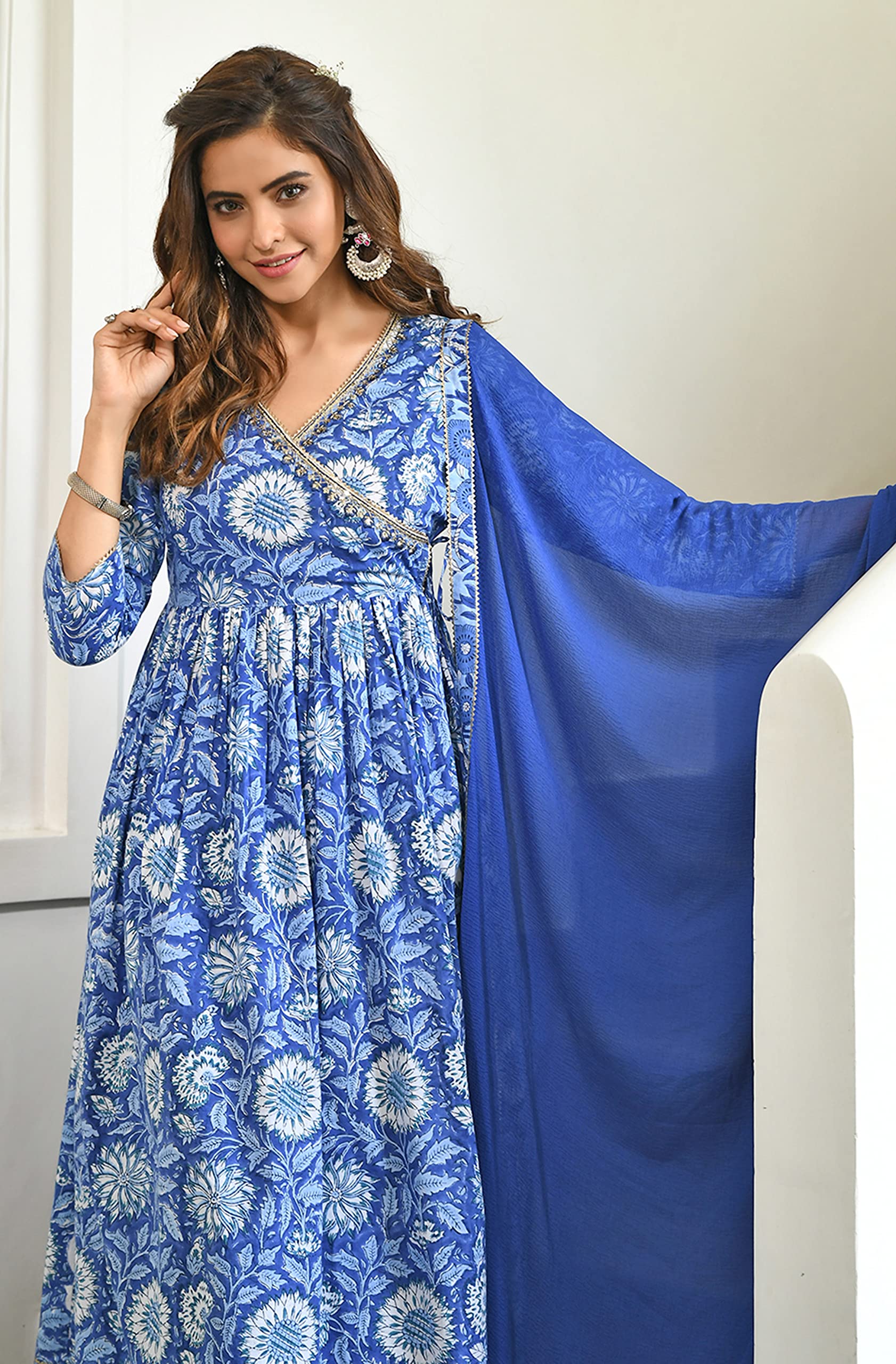 Janasya Indian Women's Blue Floral Block Printed Angrakha Kurta with Flared Palazzo and Dupatta