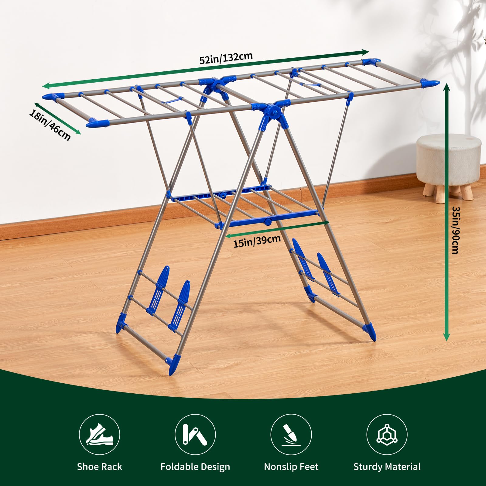 BKTD Clothes Drying Rack, 2 Tier Stainless Steel Laundry Drying Rack with Sock Clips, Foldable Free Standing Drying Rack Clothing with Height Adjusted Wings, Space Saving Indoor Outdoor, Silver Blue.