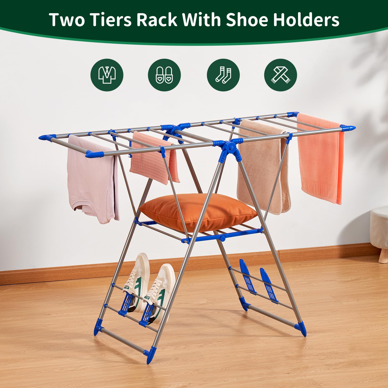 BKTD Clothes Drying Rack, 2 Tier Stainless Steel Laundry Drying Rack with Sock Clips, Foldable Free Standing Drying Rack Clothing with Height Adjusted Wings, Space Saving Indoor Outdoor, Silver Blue.