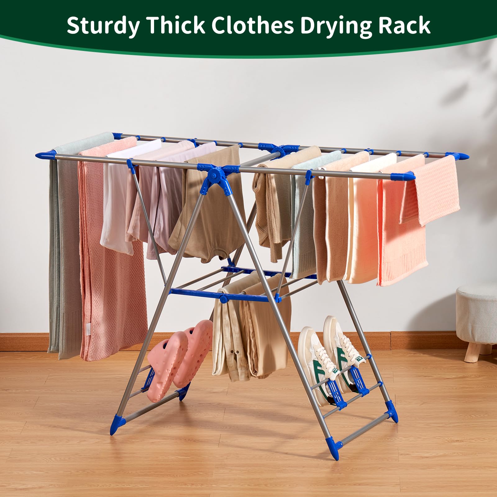 BKTD Clothes Drying Rack, 2 Tier Stainless Steel Laundry Drying Rack with Sock Clips, Foldable Free Standing Drying Rack Clothing with Height Adjusted Wings, Space Saving Indoor Outdoor, Silver Blue.