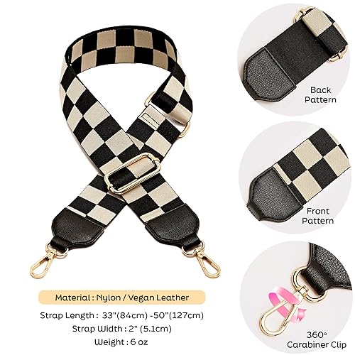 Like Dreams Wide Shoulder Adjustable Checks Straps for Crossbody Canvas Bag Handbag Replacement Straps (Black White)