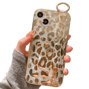 ayabuco for iphone 14 plus case golden plating leopard wrist strap holder and finger loop, soft tpu adjustable wrist strap loop kickstand cute print pattern design women girls protective cover