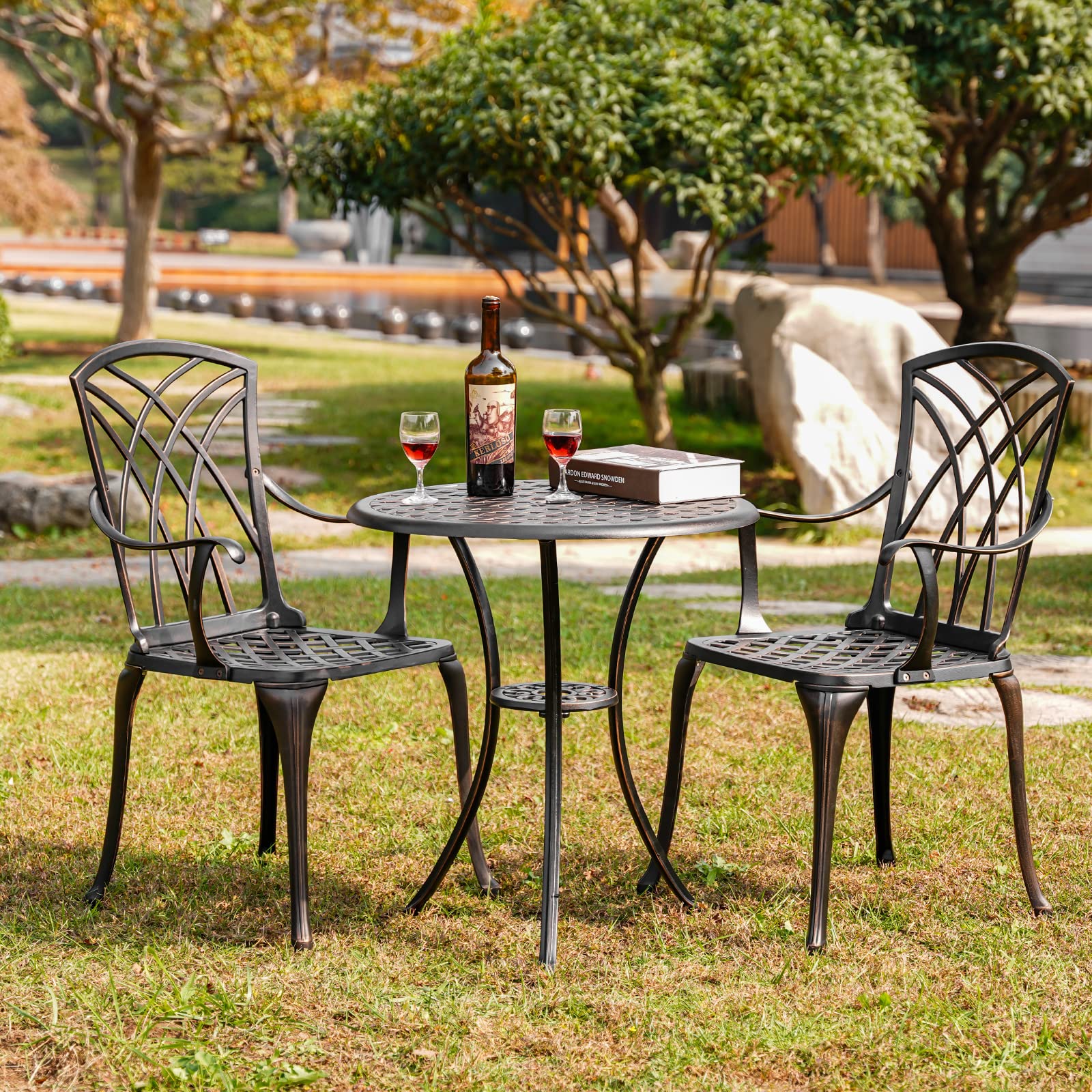 Withniture 3 Piece Bistro Patio Set Cast Alumiunm Patio Furniture Set,All Weather Bistro Table and Chairs Set of 2 with 1.97" Umbrella Hole,Outdoor Patio Bistro Sets for Garden（Antique Bronze）