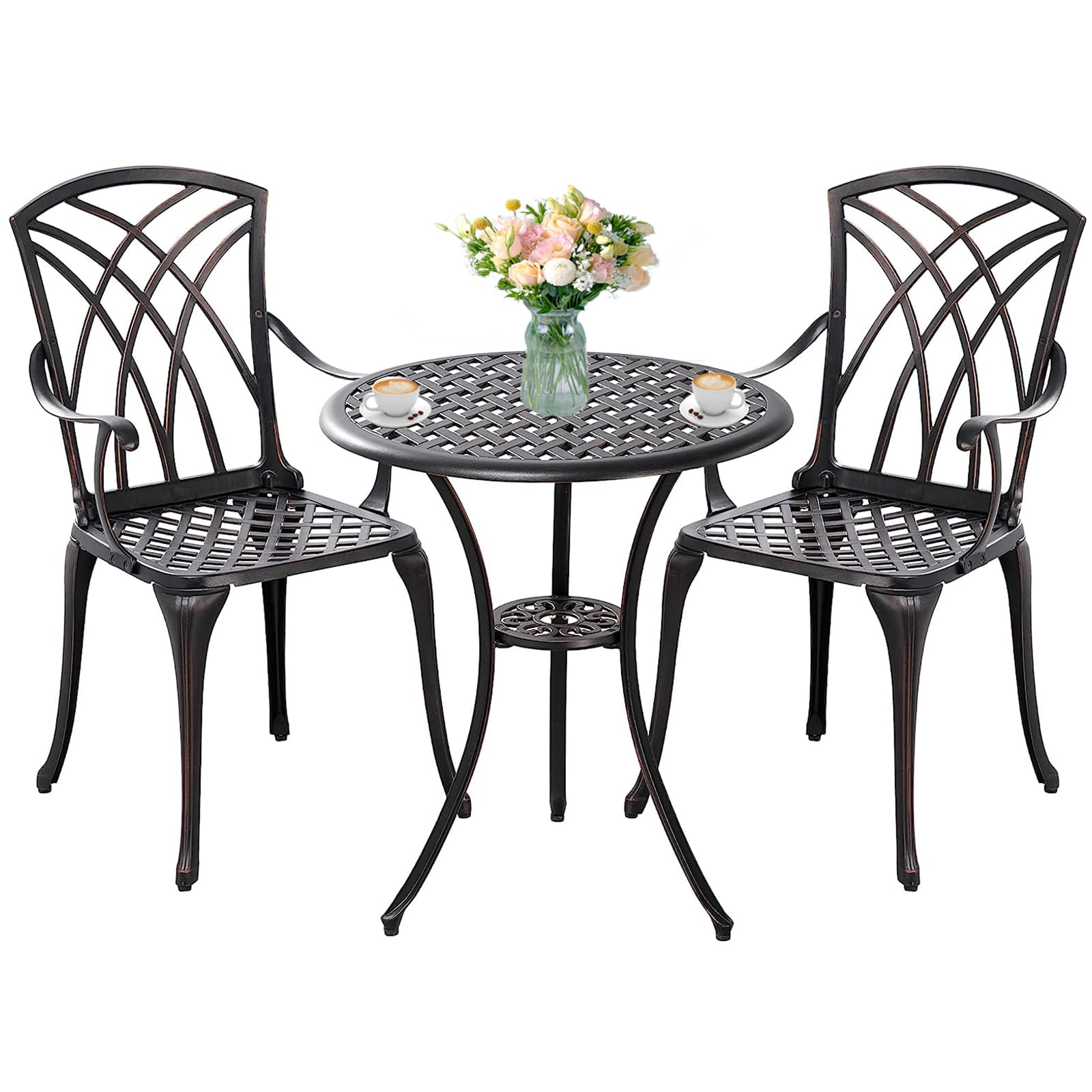 Withniture 3 Piece Bistro Patio Set Cast Alumiunm Patio Furniture Set,All Weather Bistro Table and Chairs Set of 2 with 1.97" Umbrella Hole,Outdoor Patio Bistro Sets for Garden（Antique Bronze）