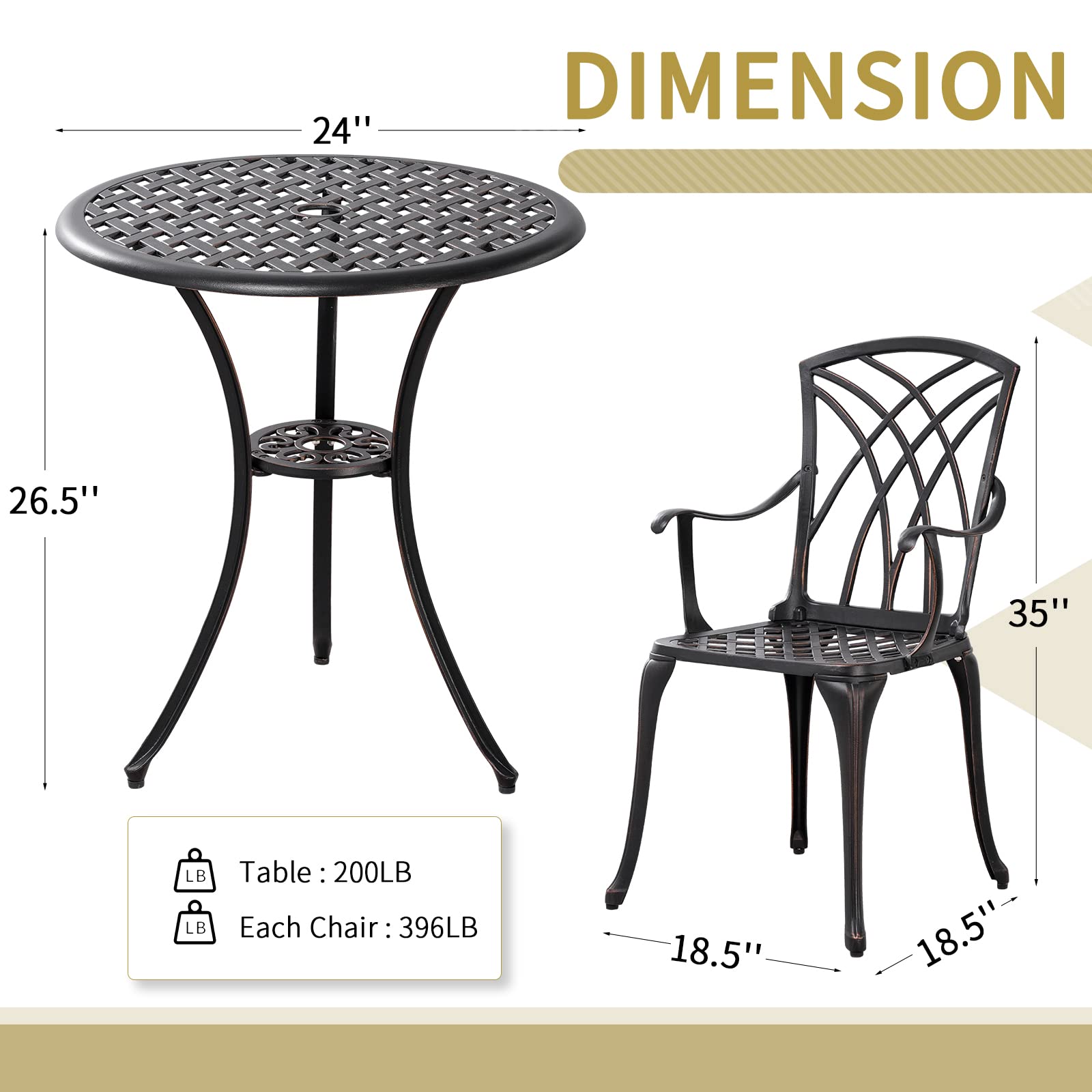 Withniture 3 Piece Bistro Patio Set Cast Alumiunm Patio Furniture Set,All Weather Bistro Table and Chairs Set of 2 with 1.97" Umbrella Hole,Outdoor Patio Bistro Sets for Garden（Antique Bronze）