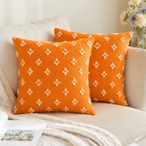 anroduo pack of 2 orange pillow covers boho decorative throw pillow covers with tufted rhombic jacquard for fall room decor decorations 20x20 cute and soft pillowcase for couch sofa bed living room