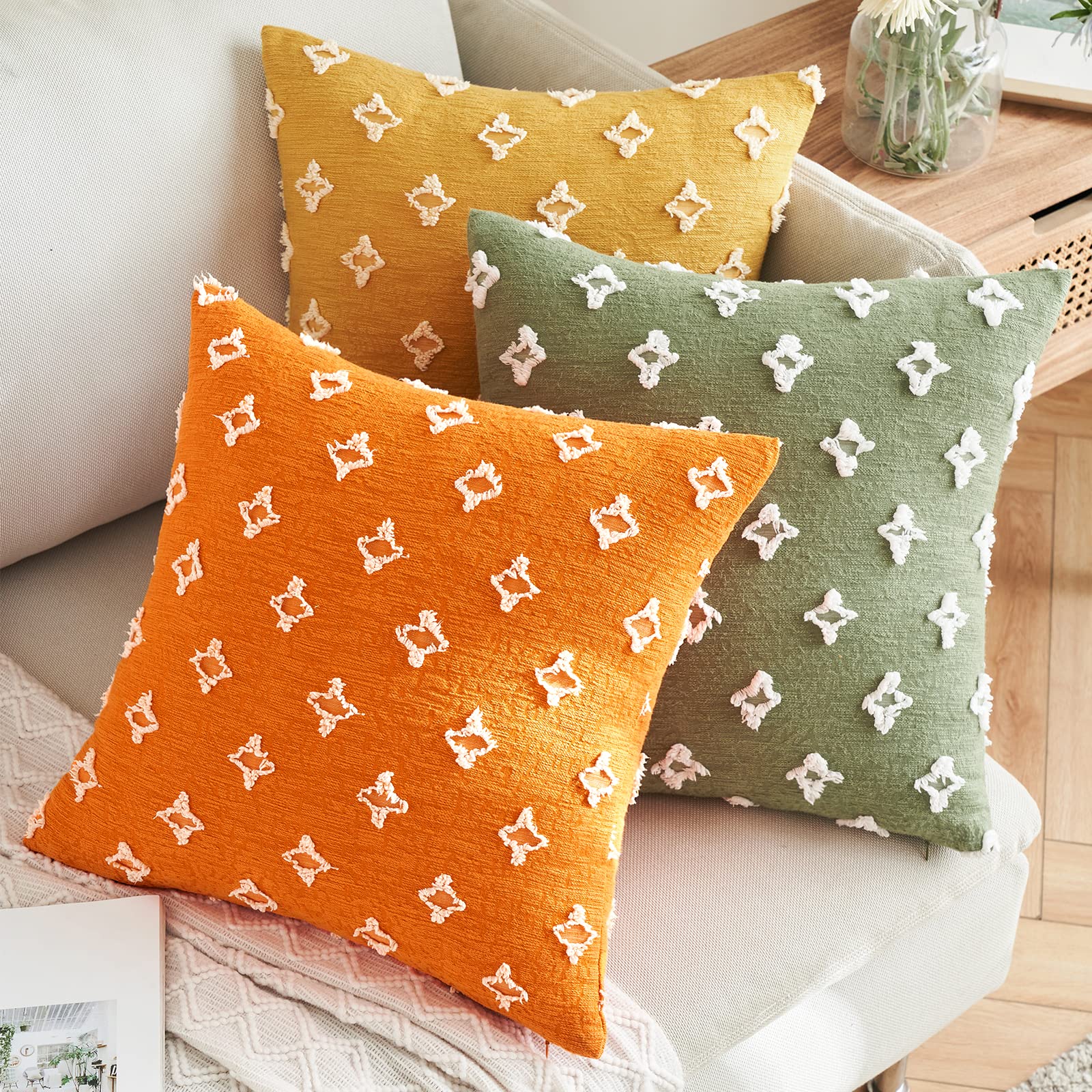 ANRODUO Pack of 2 Orange Pillow Covers Boho Decorative Throw Pillow Covers with Tufted Rhombic Jacquard for Fall Room Decor Decorations 20x20 Cute and Soft Pillowcase for Couch Sofa Bed Living Room