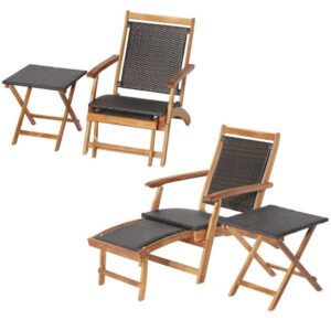 relax4life patio lounge chair set - outdoor acacia wood chaise lounge w/side table, armrest & retractable ottoman, rattan seat, tabletop, quick folding sunbathing chair for backyard, poolside (2)