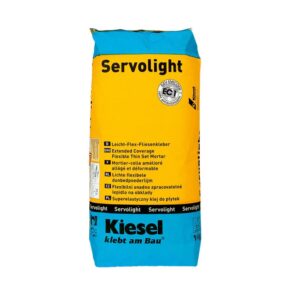 kiesel servolight grey acrylic polymer modified thinset mortar 33 lbs bag cement-based highly flexible self-curring with extended coverage for flooring underlayment and ceramic tiles