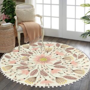 uphome round rug for bedroom 5.3' circle cute area rug with pom poms fringe floral plant washable throw rugs non-slip soft floor mats for entryway laundry living room kids room nursery, pink