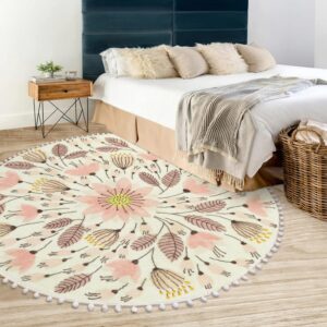 Uphome Round Rug for Bedroom 5.3' Circle Cute Area Rug with Pom Poms Fringe Floral Plant Washable Throw Rugs Non-Slip Soft Floor Mats for Entryway Laundry Living Room Kids Room Nursery, Pink