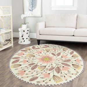 Uphome Round Rug for Bedroom 5.3' Circle Cute Area Rug with Pom Poms Fringe Floral Plant Washable Throw Rugs Non-Slip Soft Floor Mats for Entryway Laundry Living Room Kids Room Nursery, Pink