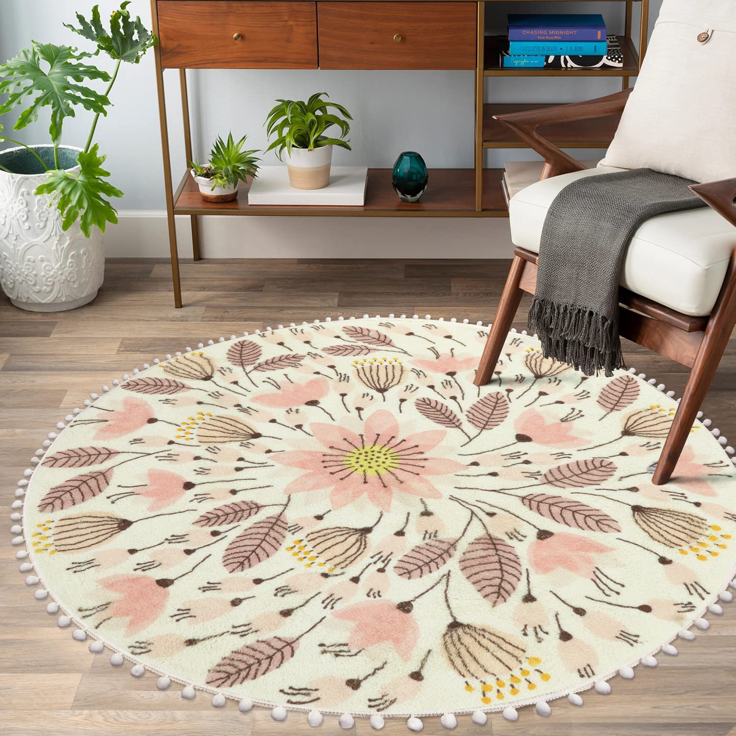 Uphome Round Rug for Bedroom 5.3' Circle Cute Area Rug with Pom Poms Fringe Floral Plant Washable Throw Rugs Non-Slip Soft Floor Mats for Entryway Laundry Living Room Kids Room Nursery, Pink