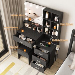 Vabches Black Vanity Desk with Mirror and Lights, Makeup Vanity Table with Charging Station, 3 Lighting Modes Brightness Adjustable, 4 Drawers, 8 Shelves, Vanity Set, 38.7in(L)