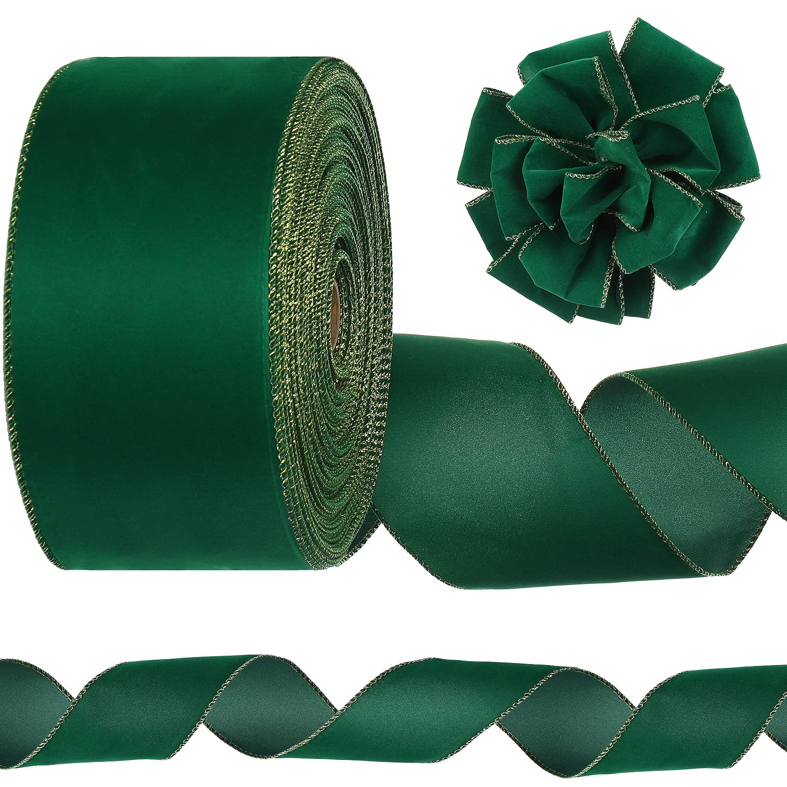 Syhood Christmas Wired Velvet Ribbon with Gold Edge Velvet Waterproof Ribbon Wrapping Velvet Decoration Ribbon for Xmas Wreath Bows Floral Craft Ornaments (Green, 4 Inch x 60 Yard)