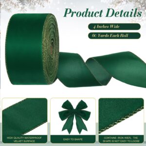 Syhood Christmas Wired Velvet Ribbon with Gold Edge Velvet Waterproof Ribbon Wrapping Velvet Decoration Ribbon for Xmas Wreath Bows Floral Craft Ornaments (Green, 4 Inch x 60 Yard)