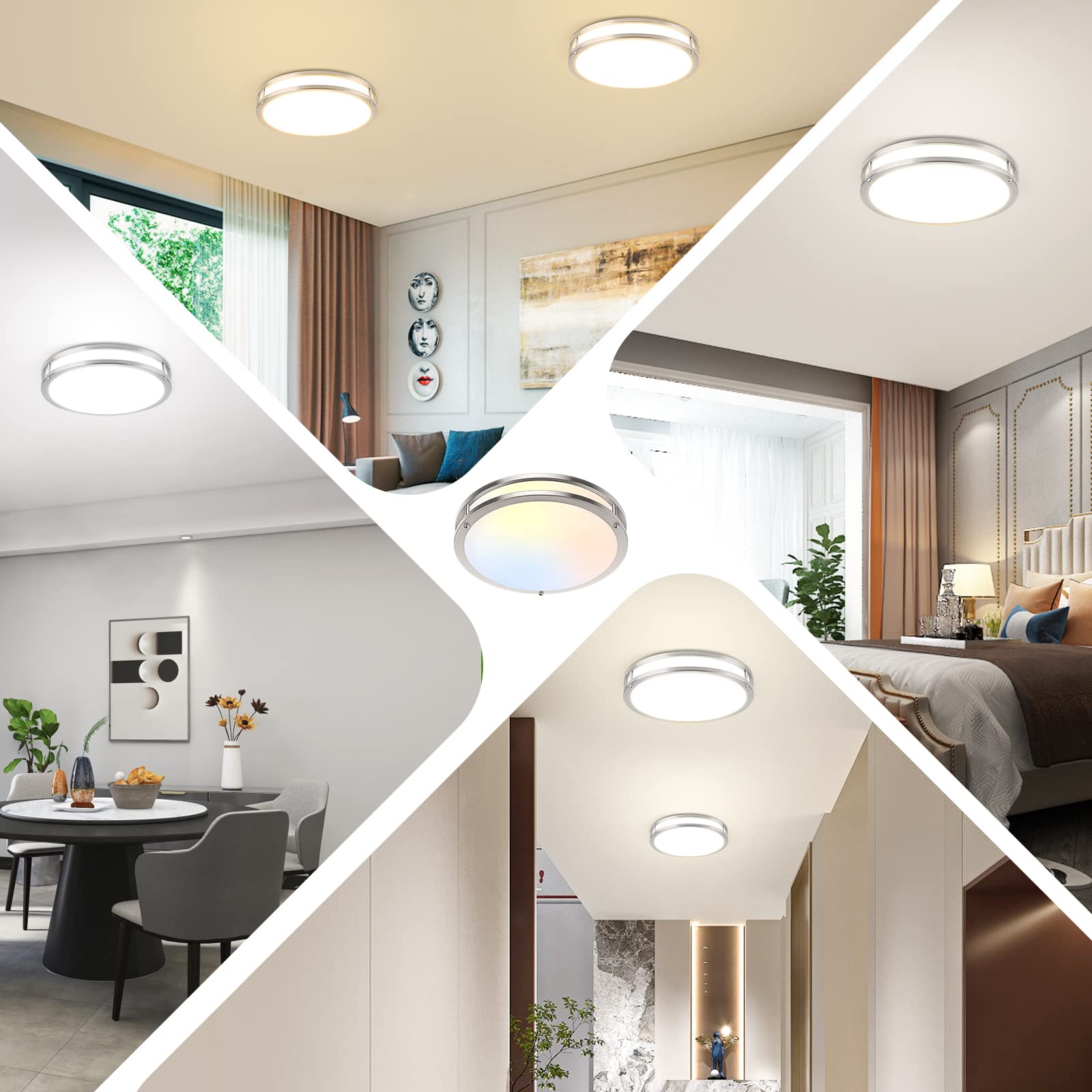 36W LED Ceiling Lights for Bedroom Kitchen, 3600lm Super Bright, Dimmable Flush Mount Light Fixtures 6500K/5000K/4000K/3000K/2700K Adjusted Modern Lamps 2PACK, 13 Inch, Nickle