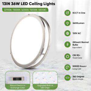 36W LED Ceiling Lights for Bedroom Kitchen, 3600lm Super Bright, Dimmable Flush Mount Light Fixtures 6500K/5000K/4000K/3000K/2700K Adjusted Modern Lamps 2PACK, 13 Inch, Nickle