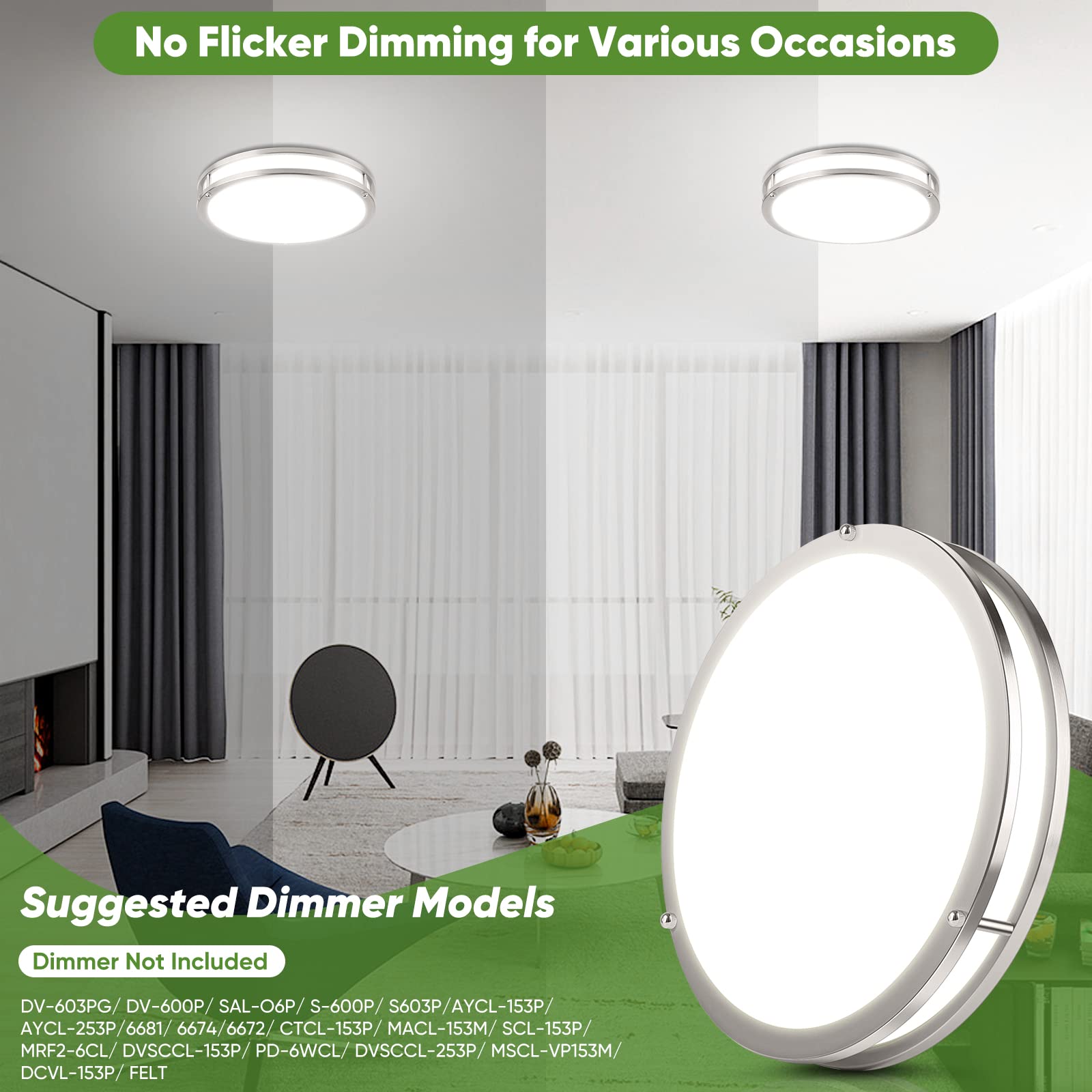 36W LED Ceiling Lights for Bedroom Kitchen, 3600lm Super Bright, Dimmable Flush Mount Light Fixtures 6500K/5000K/4000K/3000K/2700K Adjusted Modern Lamps 2PACK, 13 Inch, Nickle