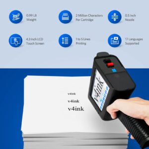 v4ink BENTSAI Portable Water Soluble Handheld Inkjet Printer BT-HH6105B1 with 4.3 Inch LED Touch Screen Mobile Inkjet Coder 0.09-0.5 Inch Print Height for QRCode Barcode Date Logo Text