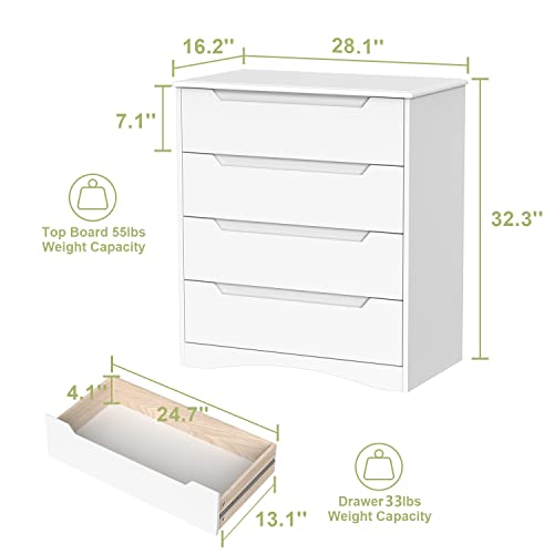 Gizoon 4 Drawer Dresser, White Chest of Drawers with Large Storage Capacity, Bedroom Dressers and Organizer with Embedded Handles and Sturdy Anti-tripping Device for Office, Living Room, Hallway