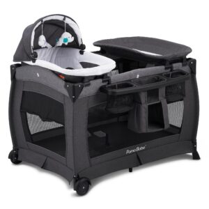 pamo babe deluxe nursery center, foldable playard for baby & toddler, bassinet, mattress, changing table for newborn(black)