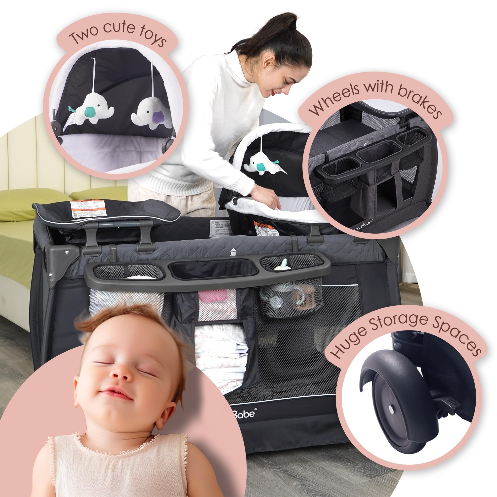 Pamo Babe Deluxe Nursery Center, Foldable Playard for Baby & Toddler, Bassinet, Mattress, Changing Table for Newborn(Black)