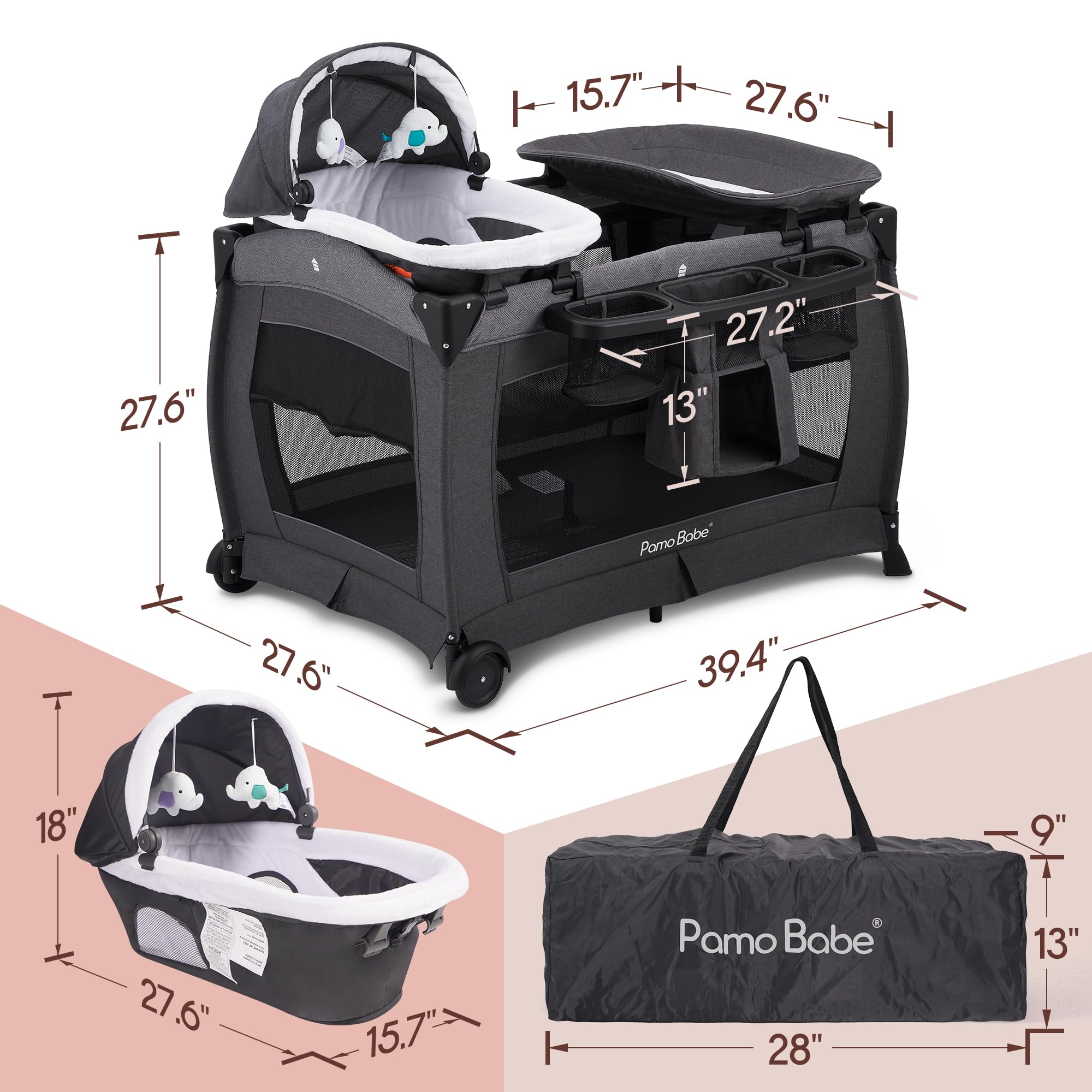 Pamo Babe Deluxe Nursery Center, Foldable Playard for Baby & Toddler, Bassinet, Mattress, Changing Table for Newborn(Black)