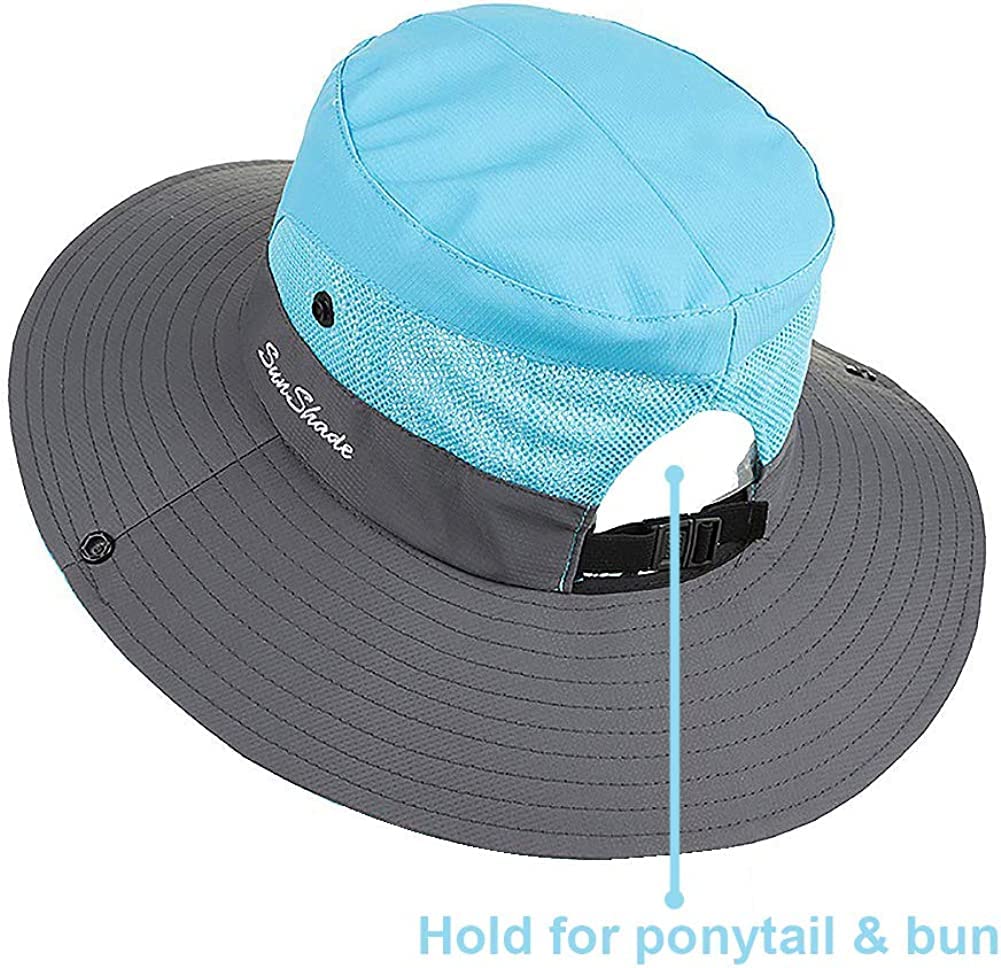 1 Pack Ponytail Sun Hat for Women UV Protection Fishing Hat Foldable Mesh Wide Brim UPF 50+ (Black)