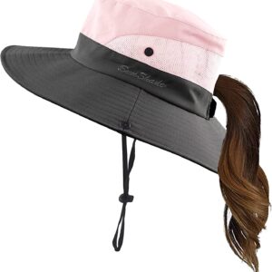 1 Pack Ponytail Sun Hat for Women UV Protection Fishing Hat Foldable Mesh Wide Brim UPF 50+ (Black)