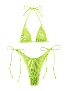 soly hux women's sexy snakeskin print halter triangle tie side bikini set bathing suits 2 piece swimsuit lime green s