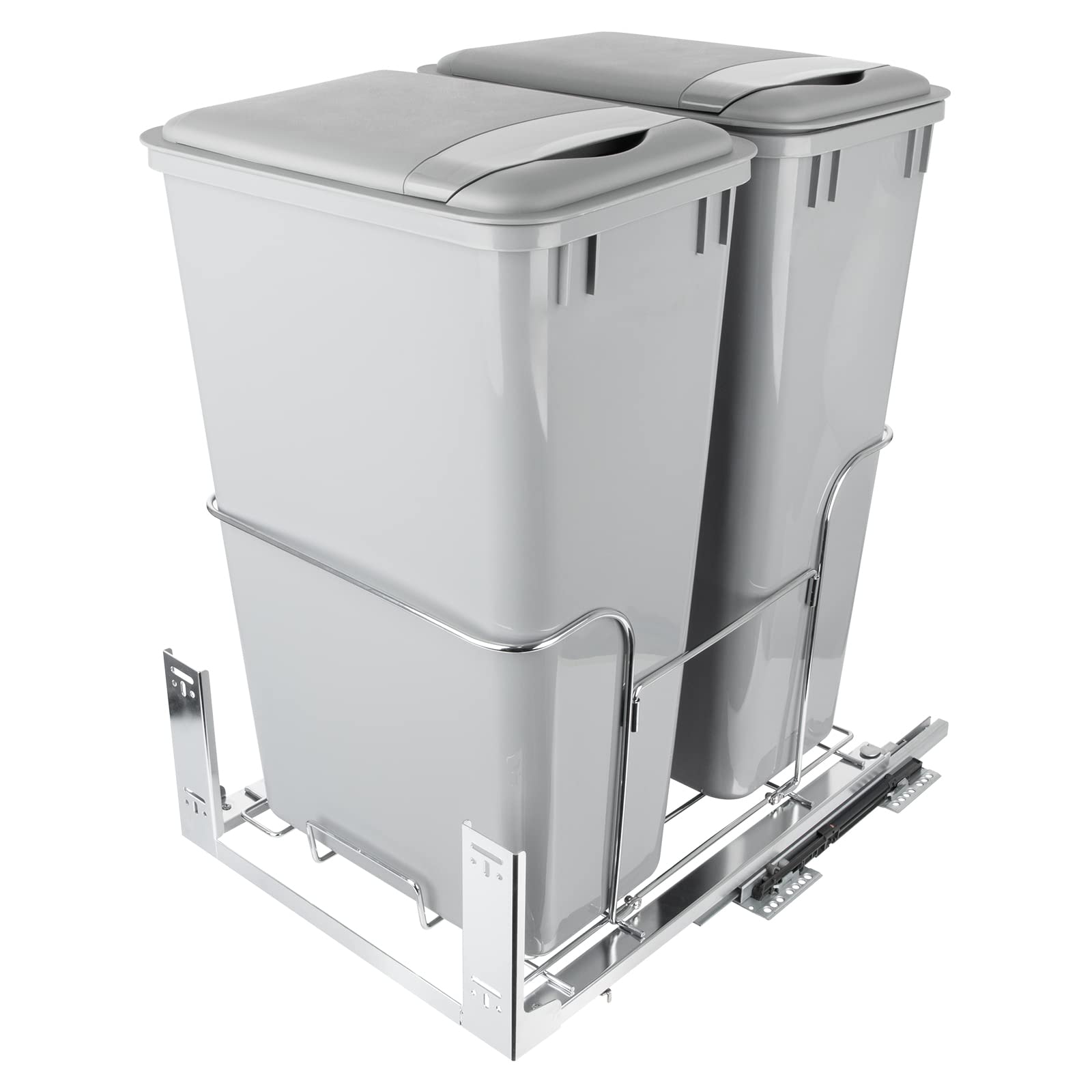 Pull-Out Trash Can, 50Qt Double Bins, Under Mount Waste Container with Soft-Close Slides, 176 lbs Load Capacity & Door-Mounted Brackets Garbage Recycling Bin with Lids for Kitchen Home Cabinet (2pack)