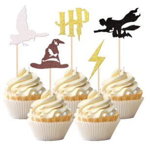 30 pcs magical wizard cupcake toppers glitter magic school inspired cupcake picks for wizard theme baby shower kids boys girls birthday party cake decorations supplies