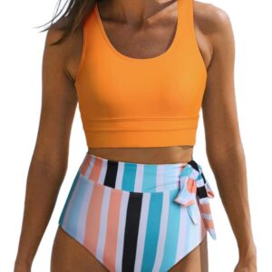 Dokotoo High Waisted Bikini Sets for Women 2024 Beach Scoop Neck Sleeveless Racerback Striped Print Trendy Swimsuit Sexy High Cut Tummy Control Bathing Suit Orange Large