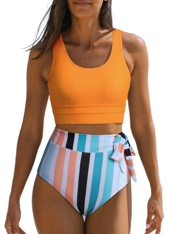 Dokotoo High Waisted Bikini Sets for Women 2024 Beach Scoop Neck Sleeveless Racerback Striped Print Trendy Swimsuit Sexy High Cut Tummy Control Bathing Suit Orange Large