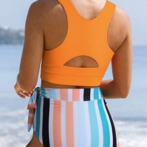 Dokotoo High Waisted Bikini Sets for Women 2024 Beach Scoop Neck Sleeveless Racerback Striped Print Trendy Swimsuit Sexy High Cut Tummy Control Bathing Suit Orange Large