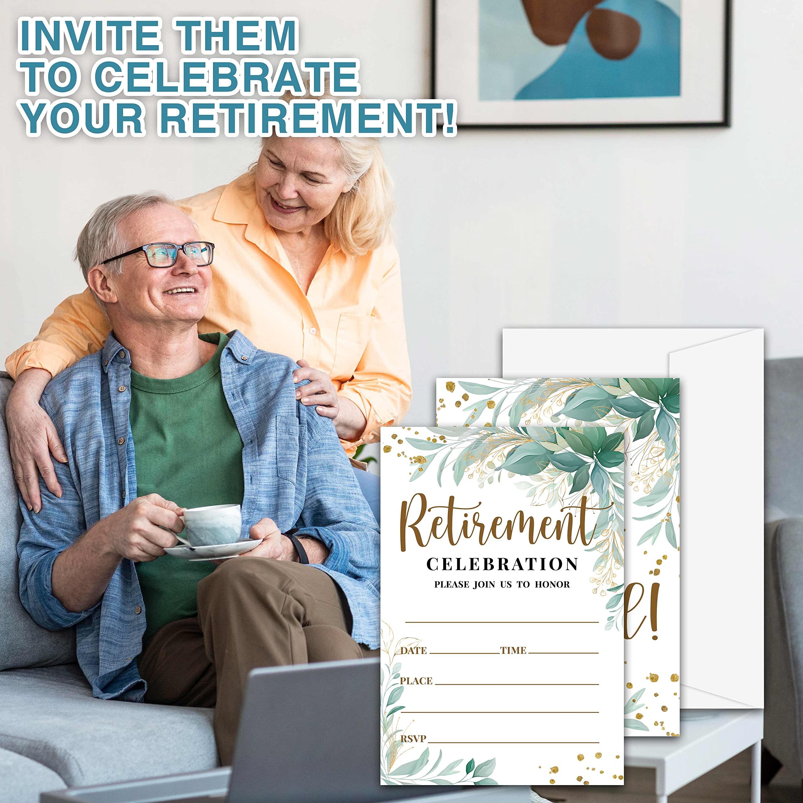 Disfuco Retirement Party Invitations, Eucalyptus Floral Retirement Invitation Cards For Men, Women, Nurse, Teacher, Doctor, Retirement Party Decorations - 20 Invitation With 20 Envelopes (G03)