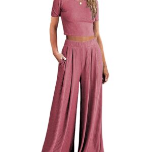 Ekouaer Women's 2 Piece Lounge Sets Short Sleeve Pajama Set Ribbed Knit Crop Top Wide Leg Pants Loungewear,Old Rose,L