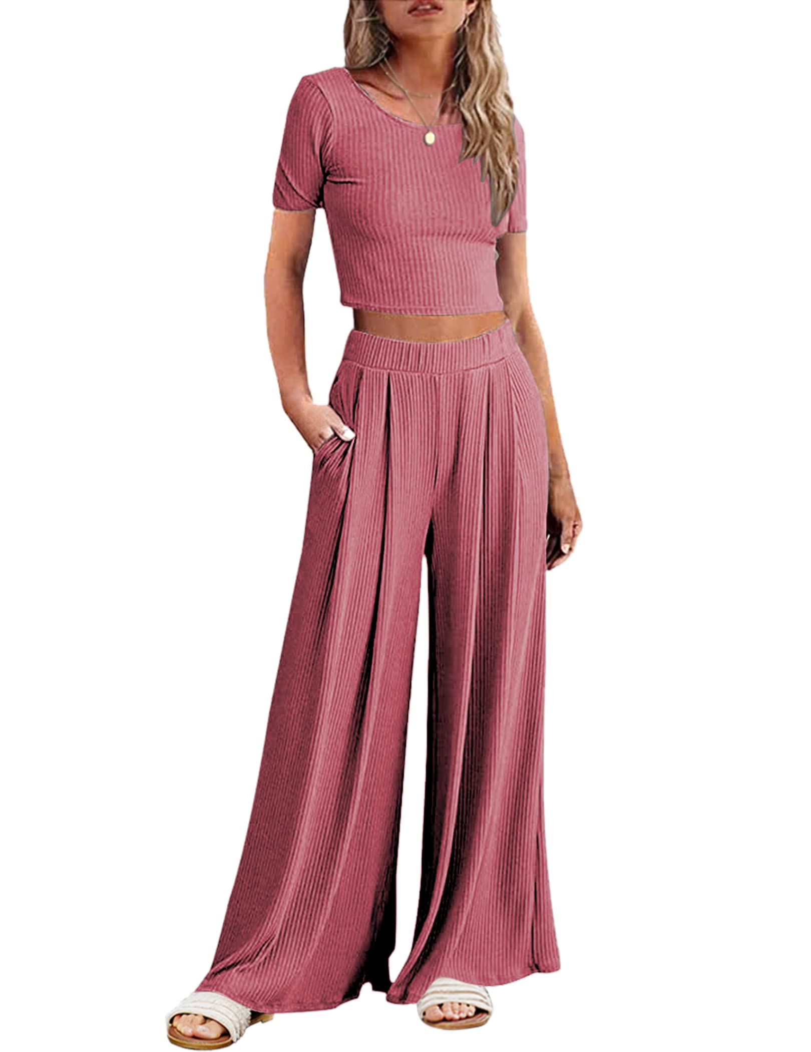 Ekouaer Women's 2 Piece Lounge Sets Short Sleeve Pajama Set Ribbed Knit Crop Top Wide Leg Pants Loungewear,Old Rose,L