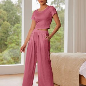 Ekouaer Women's 2 Piece Lounge Sets Short Sleeve Pajama Set Ribbed Knit Crop Top Wide Leg Pants Loungewear,Old Rose,L