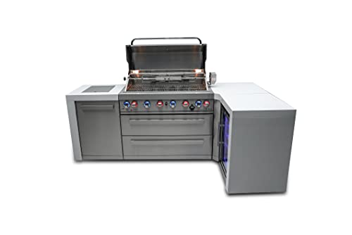 Mont Alpi MAi805-D90FC 44-inch 6-Burner 115000 BTU 90 Degree Corner Deluxe Stainless Steel Gas Outdoor Barbecue Island Grill w/Lockable Compact Refrigerator + Infrared Side Burner + Rotisserie Kit