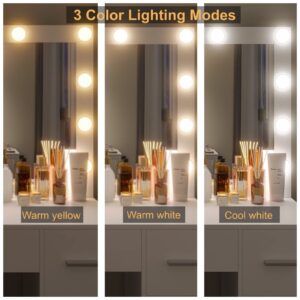 Irontar Vanity Table, Makeup Table with Lighted Mirror, 3 Color Lighting Modes, Brightness Adjustable, Dressing Table with Drawers, Vanity Desk for Women, White WDT004W