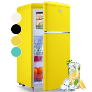 wanai 3.5 cu.ft compact refrigerators mini fridge with freezer yellow small fridge dual door classic retro refrigerator removable glass shelves adjustable thermostat for home office dorm rv