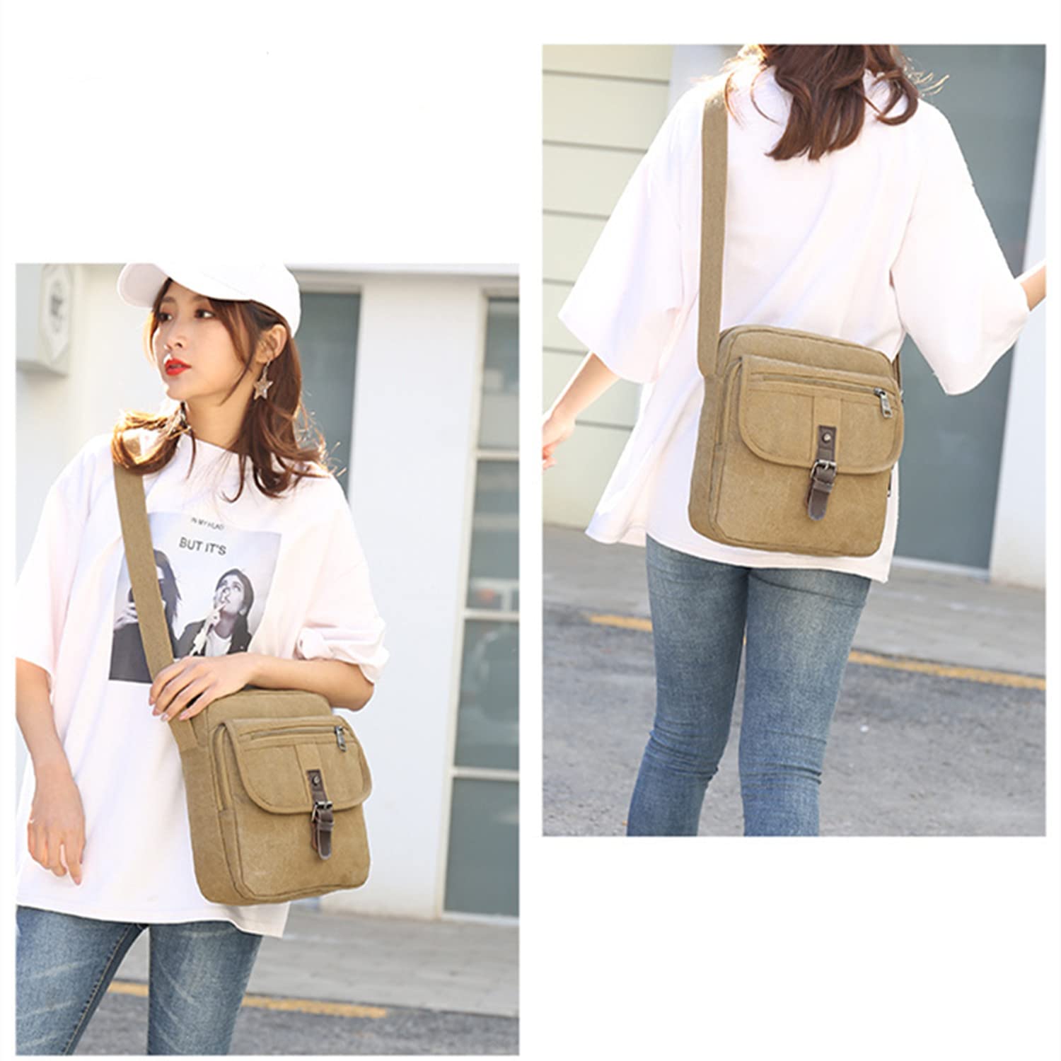 Vintage Multi-function Canvas Small Messenger Bag Casual Crossbody Shoulder Bag Chest Bag Purse Satchel Handbag (Khaki)