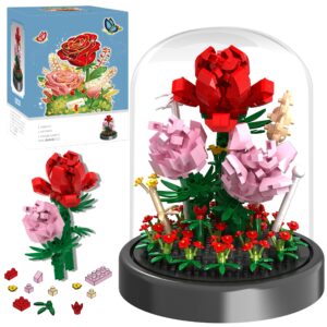 flower bouquet building kit, 524 pcs mini bricks building blocks sets, forever rose decorated flower with dust cover, valentine's day gifts for her mom women girlfriends valentines day gifts for him