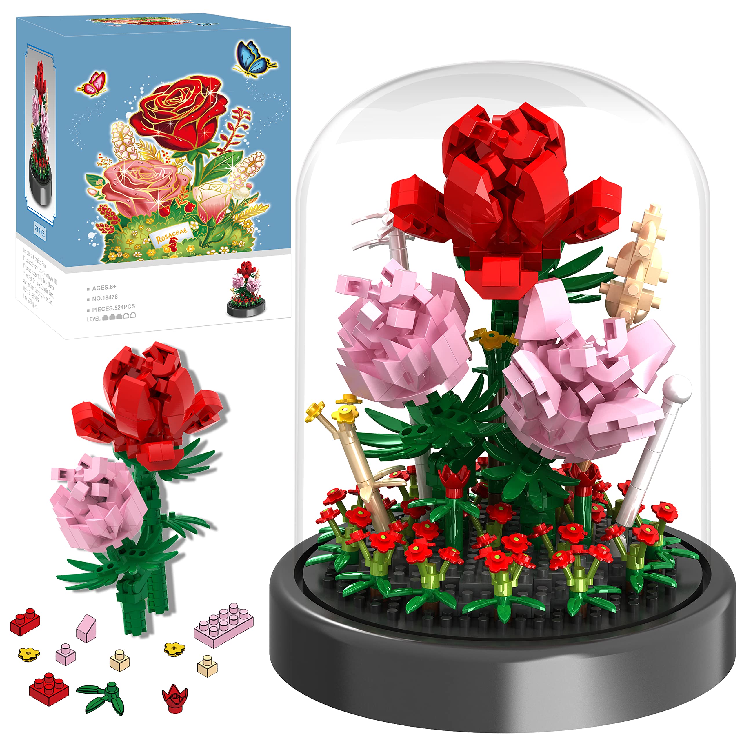 Flower Bouquet Building Kit, 524 Pcs Mini Bricks Building Blocks Sets, Forever Rose Decorated Flower with Dust Cover, Valentine's Day Gifts for Her Mom Women Girlfriends Valentines Day Gifts for Him