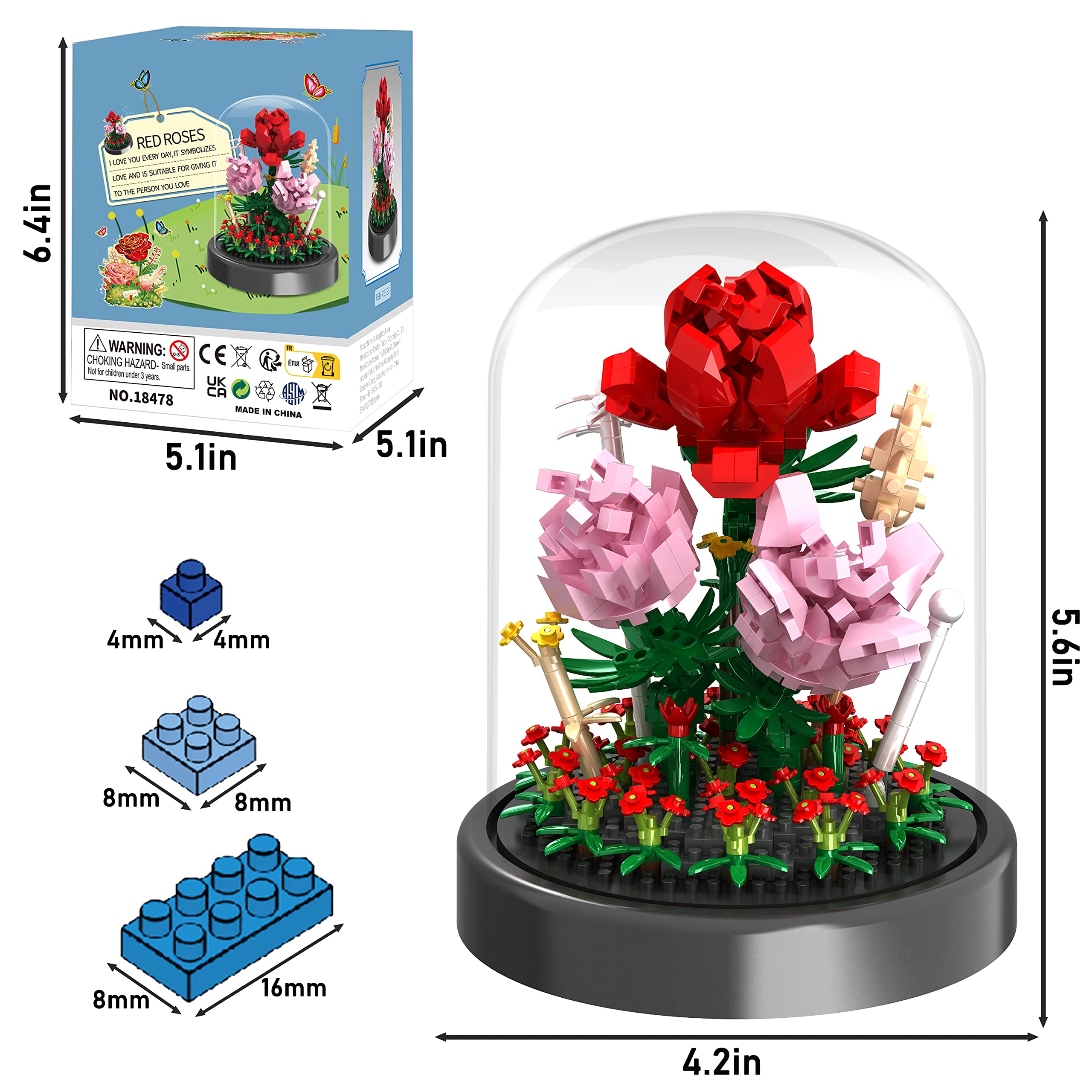 Flower Bouquet Building Kit, 524 Pcs Mini Bricks Building Blocks Sets, Forever Rose Decorated Flower with Dust Cover, Valentine's Day Gifts for Her Mom Women Girlfriends Valentines Day Gifts for Him