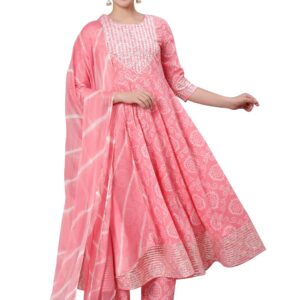 DREAMANGEL FASHION Womens Party Wear Pure Cotton Anarkali Kurta and Palazzo With Dupatta (as1, alpha, s, regular, regular, Pink, Small)